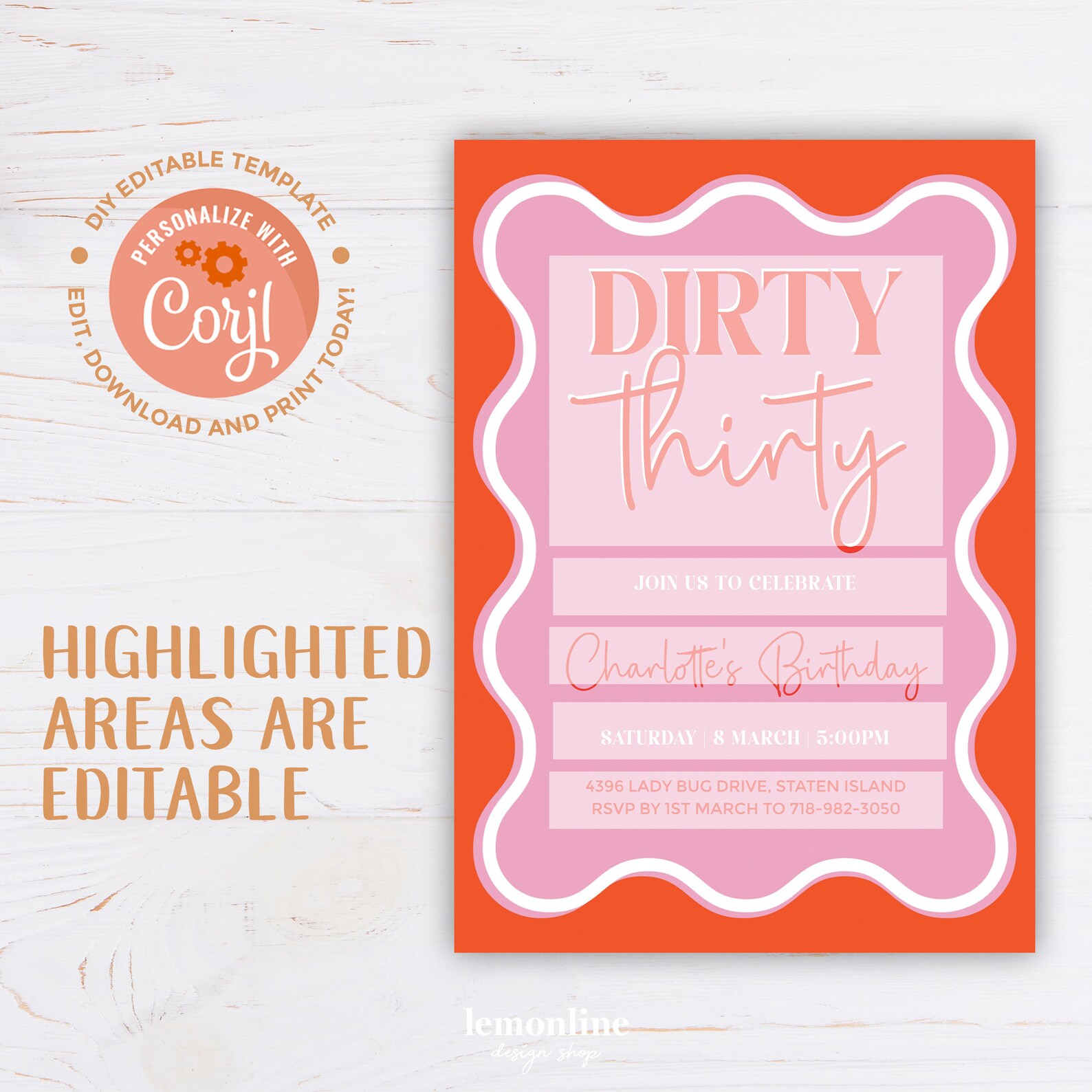 Editable Wavy Invitation, Red Pink Orange, Wavy Border Invitation, Pink ...