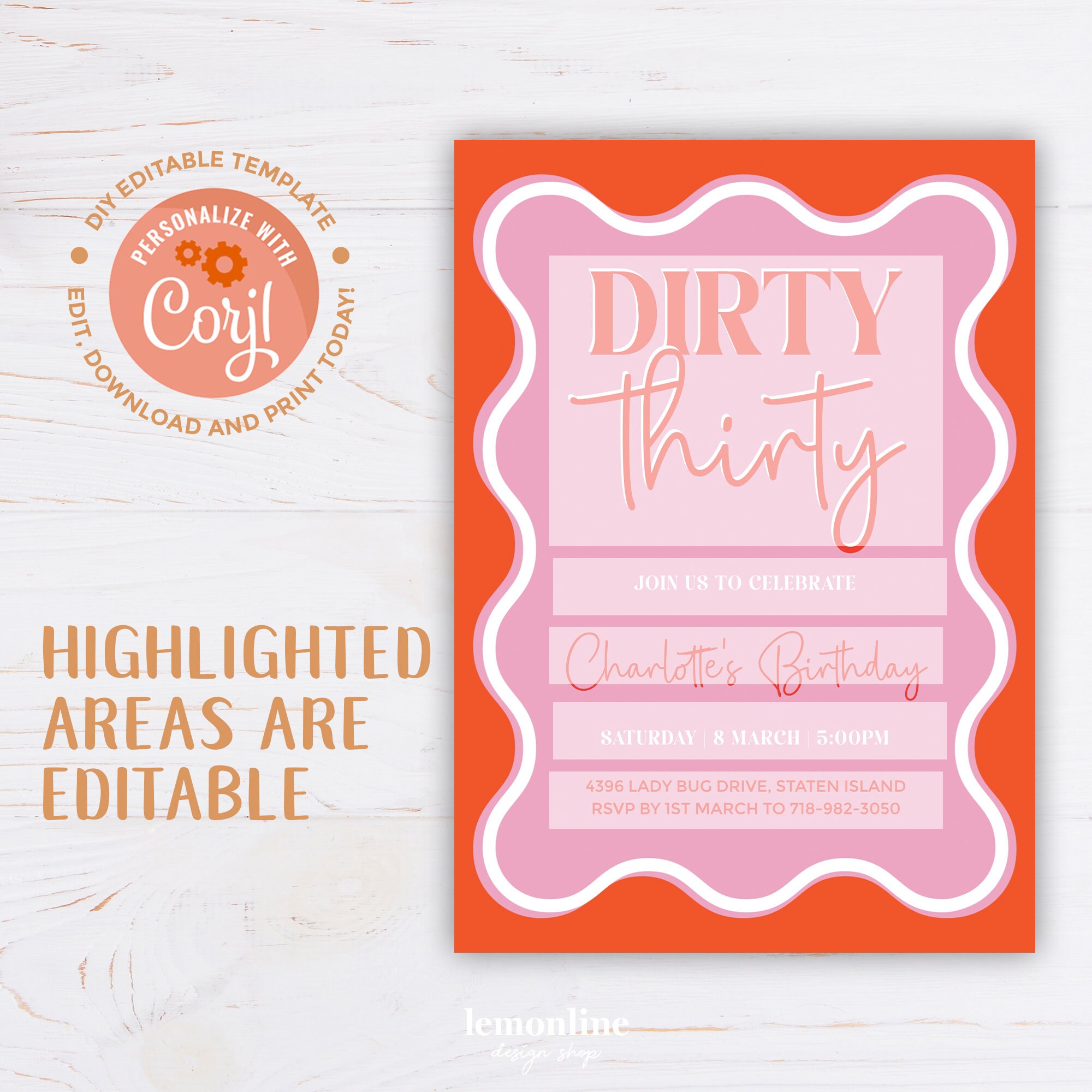 Editable Wavy Invitation, Red Pink Orange, Wavy Border Invitation, Pink ...