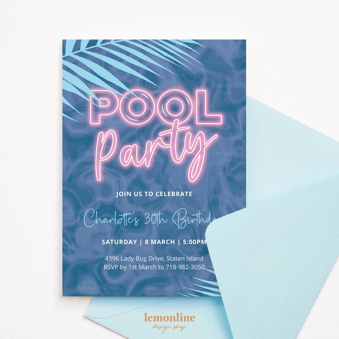 Neon Pool Party Invite, Invitations for Her, Pool Party Evite, Pool ...