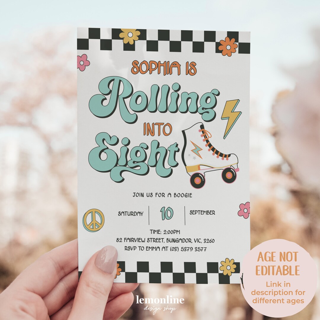 Rolling Into Eight Invitation, Skate Party Invitation, 8th Birthday ...