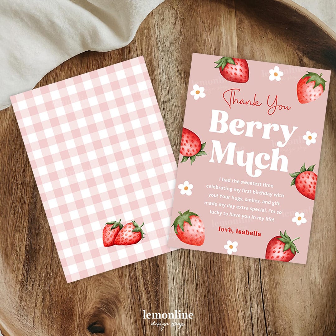 Strawberry Thank You Card, Berry First Theme, Berry 1st Birthday Thank ...