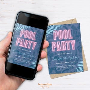 Neon Pool Party Invite, Night Pool Party Invitations for Her, Pool ...