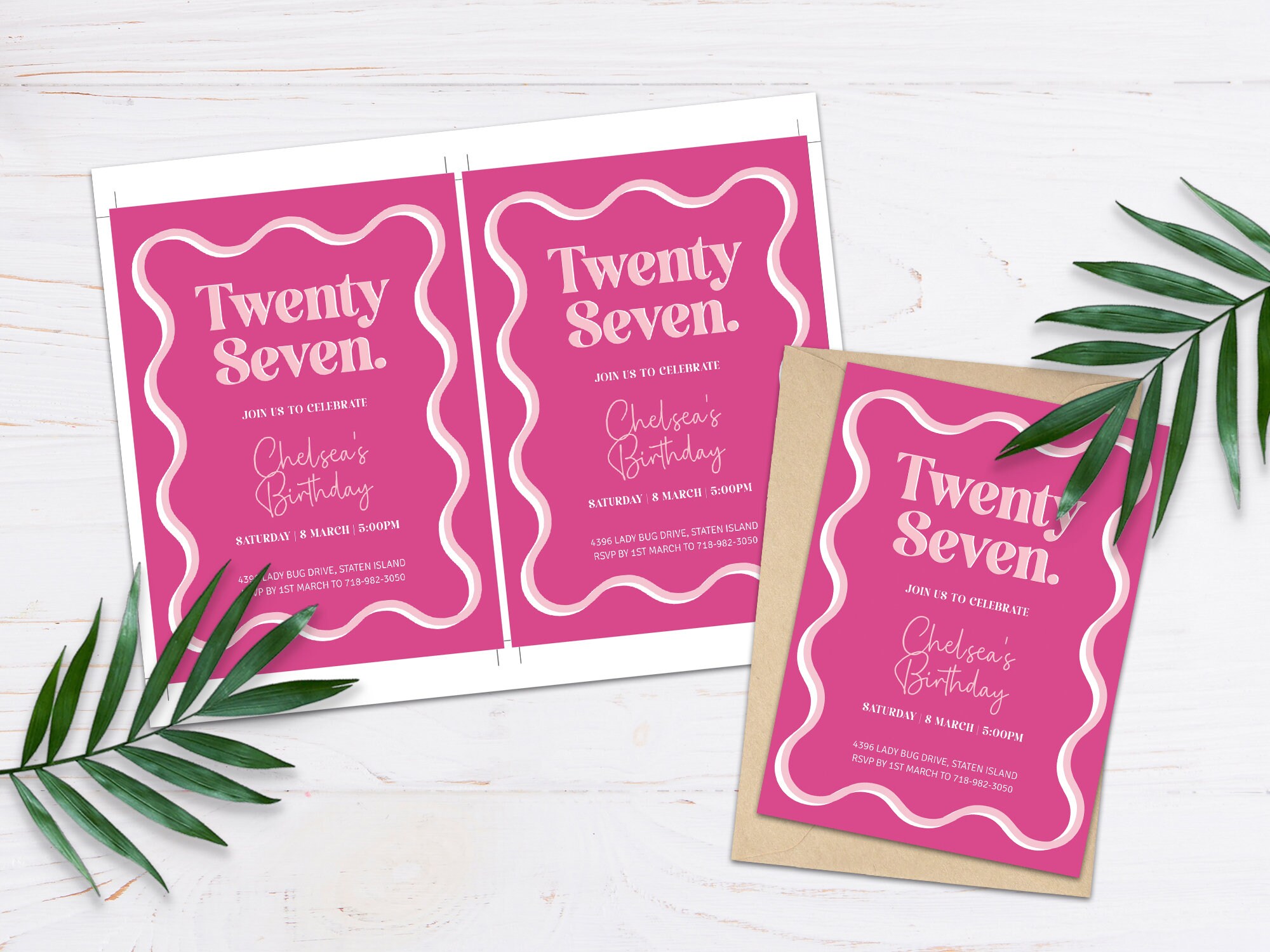Editable Wavy Invitation, Pink Wavy Border Invitation, Pink Wavy Invite ...