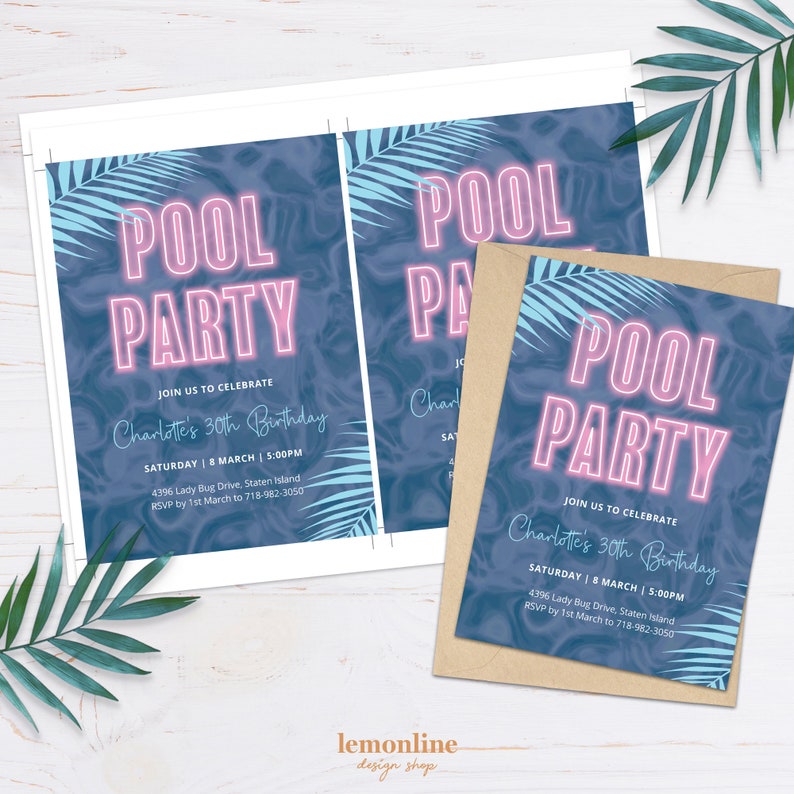 Neon Pool Party Invite, Night Pool Party Invitations for Her, Pool ...