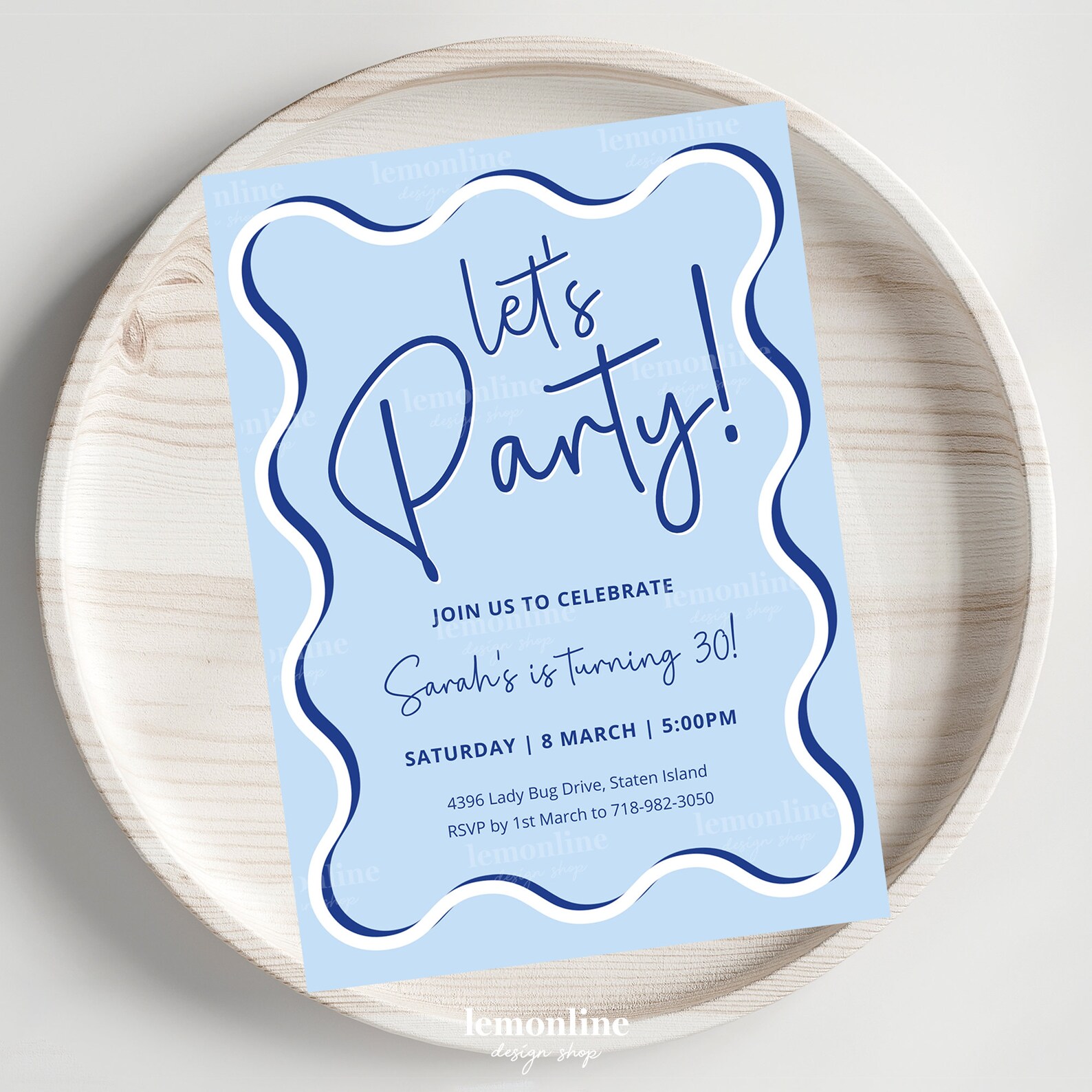 Editable Blue Wavy Invitation, Wavy Border Invitation, Blue Wavy Invite ...