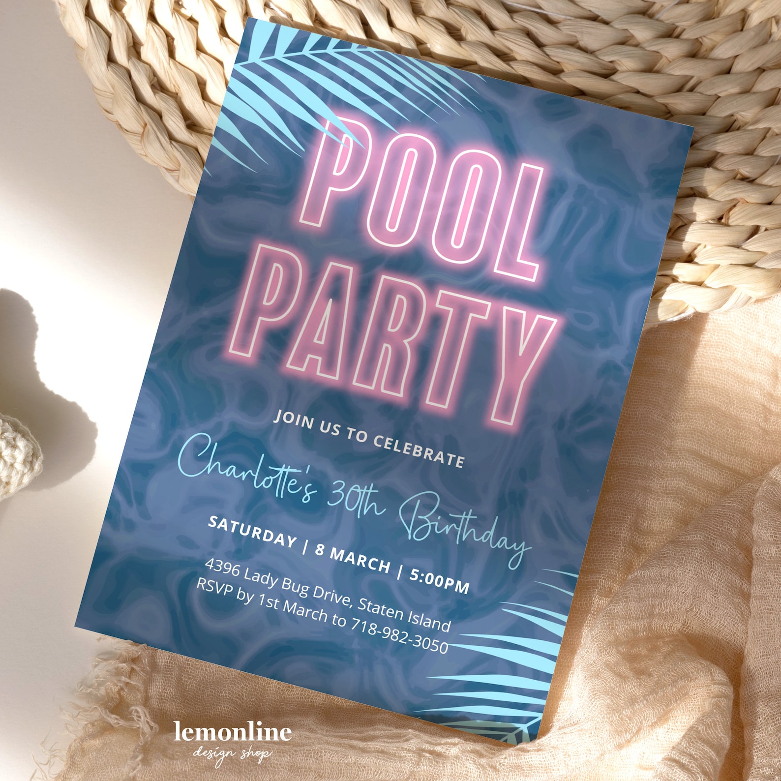 Neon Pool Party Invite, Night Pool Party Invitations for Her, Pool ...