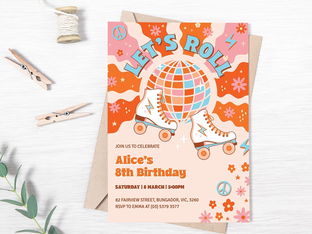 Editable Groovy Disco Roller Skate Birthday Party Invitation, Let's ...