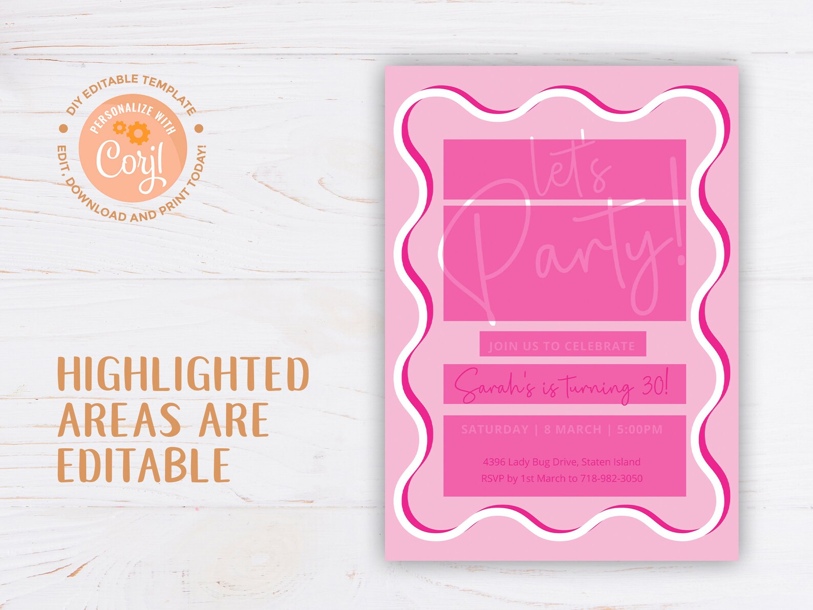Editable Wavy Invitation, Pink Wavy Border Invitation, Pink Wavy Invite ...