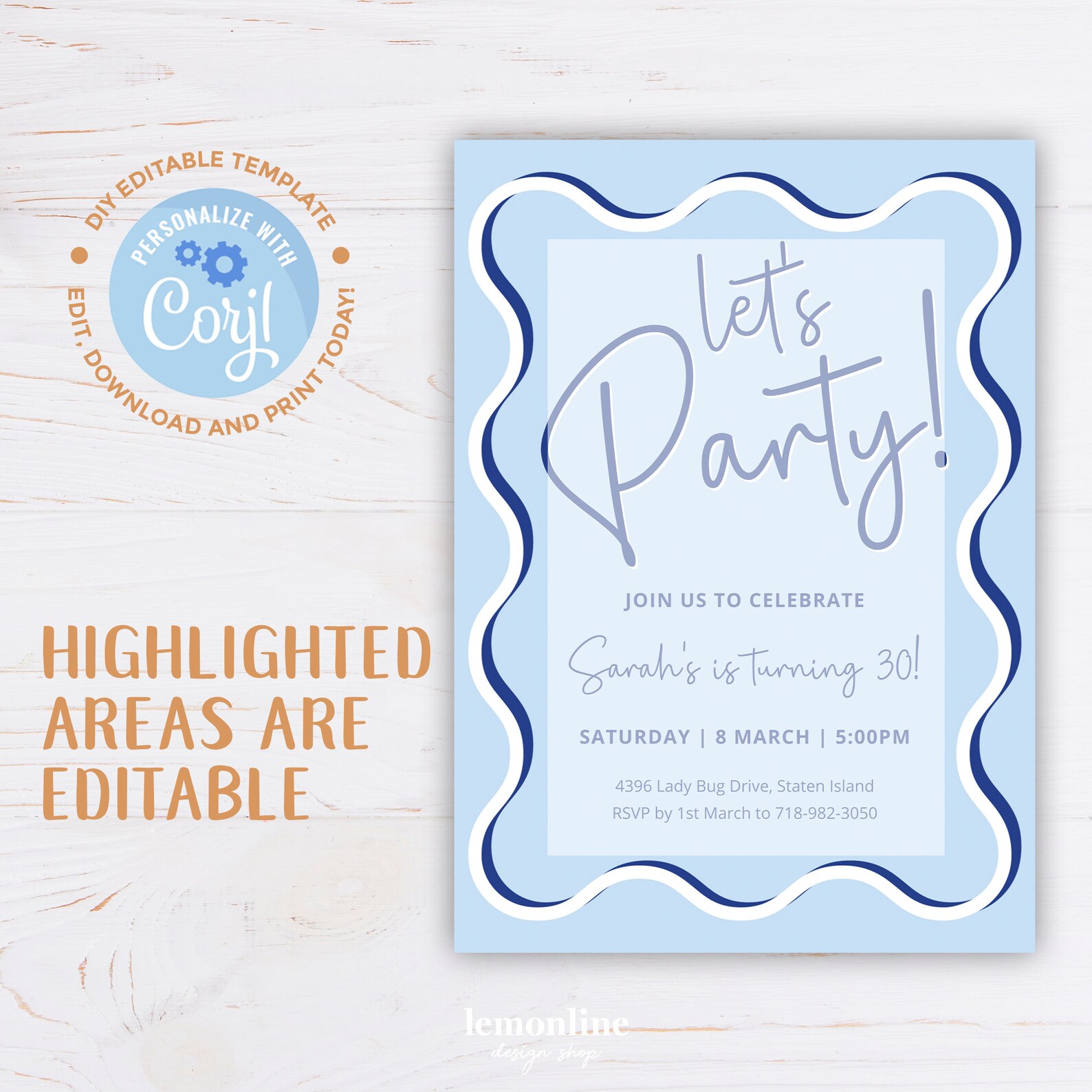 Editable Blue Wavy Invitation, Wavy Border Invitation, Blue Wavy Invite ...
