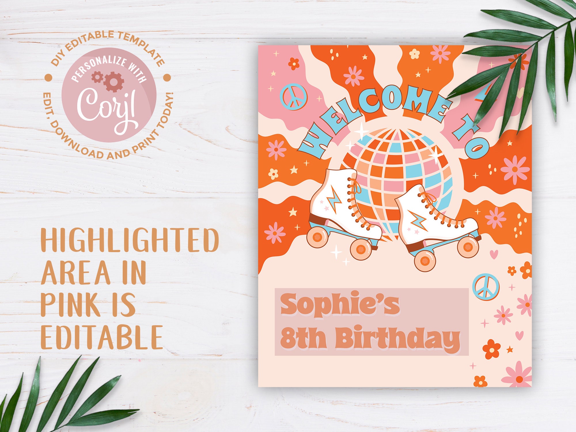 Editable Groovy Welcome Sign, Disco Roller Skate Birthday Party, Let's ...