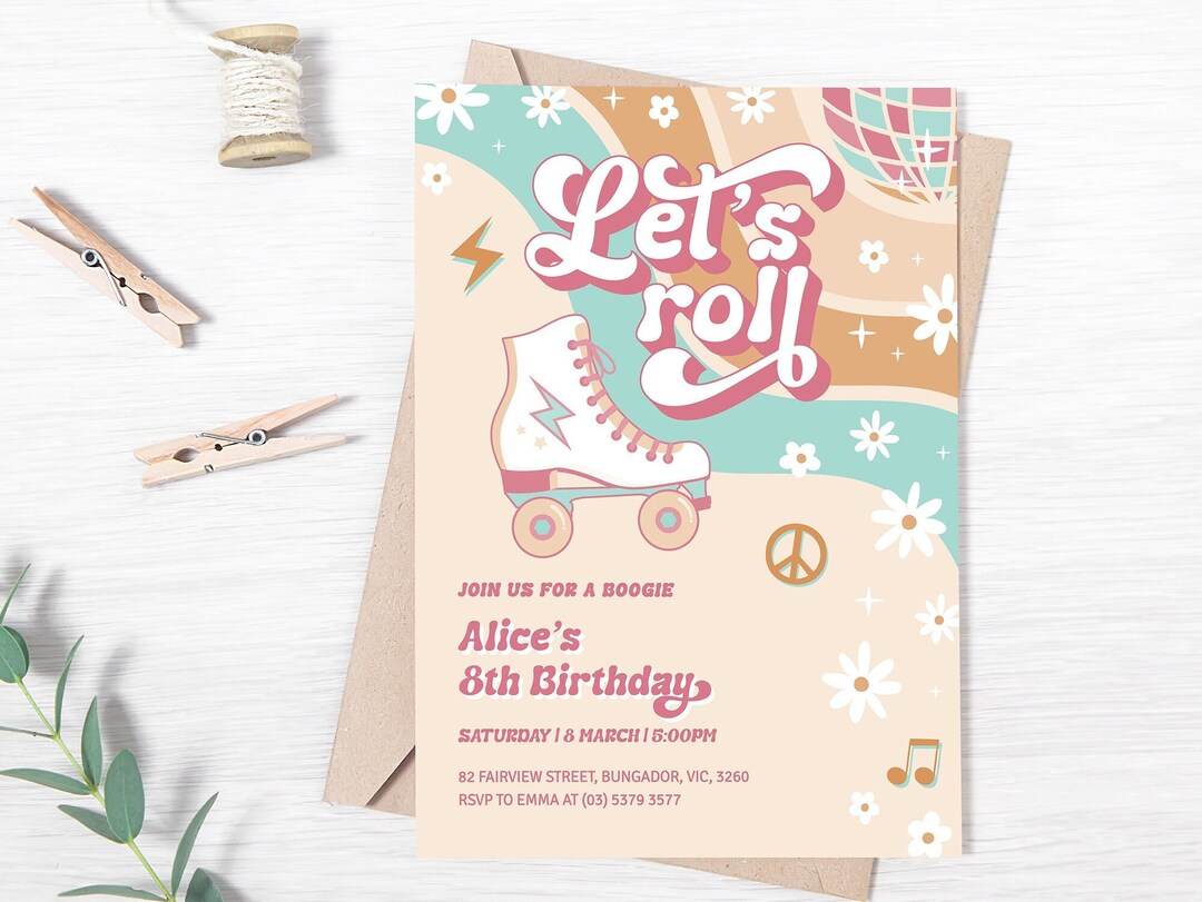 Editable Groovy Disco Roller Skate Birthday Party Invitation, Let's ...
