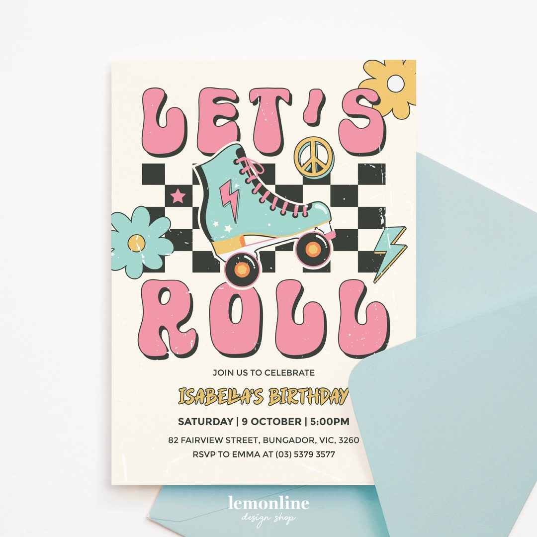 Let's Roll Invite, Roller Skates Birthday Invitation, Roller Girl ...