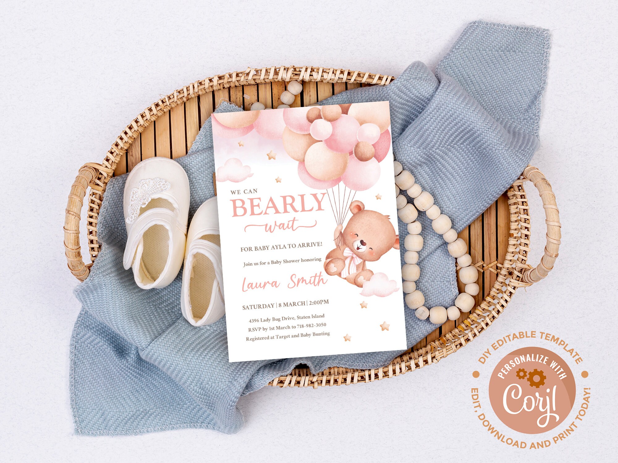 EDITABLE Bearly Wait Invitation, Teddy Bear Baby Shower Invitation ...