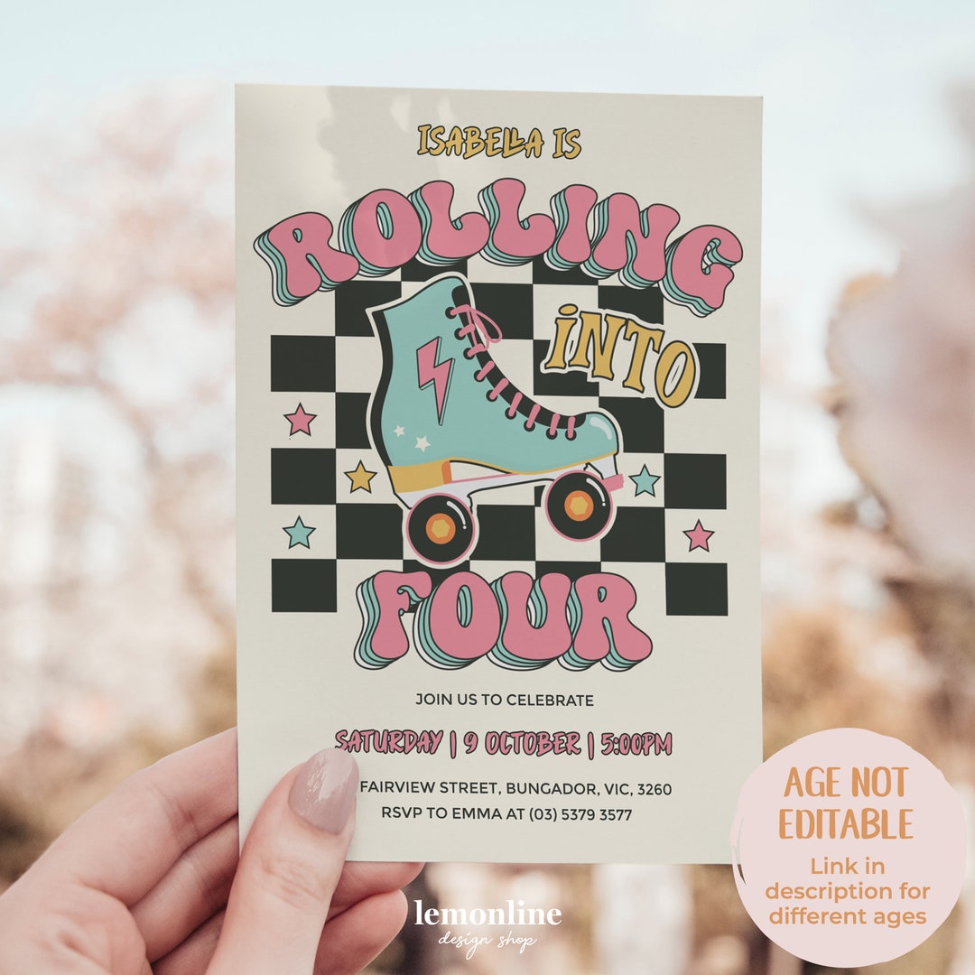 Rolling Into Four Invitation, 4th Birthday Skate, Let's Roll Invite ...