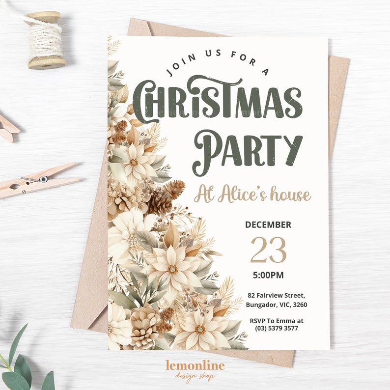 Editable Boho Theme Christmas Invitation, Neutral Boho Christmas Party ...