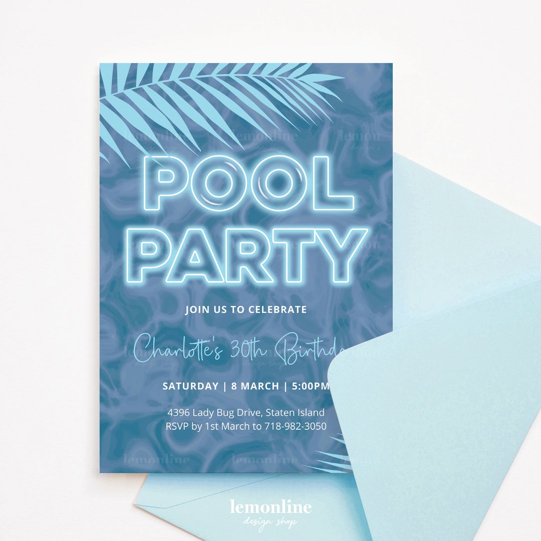 Neon Pool Party Invite, Invitations for Her, Pool Party Evite, Pool ...