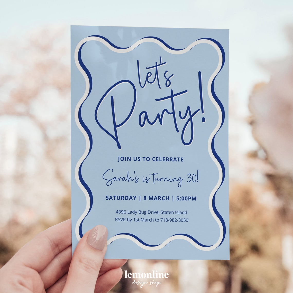 Editable Blue Wavy Invitation, Wavy Border Invitation, Blue Wavy Invite ...