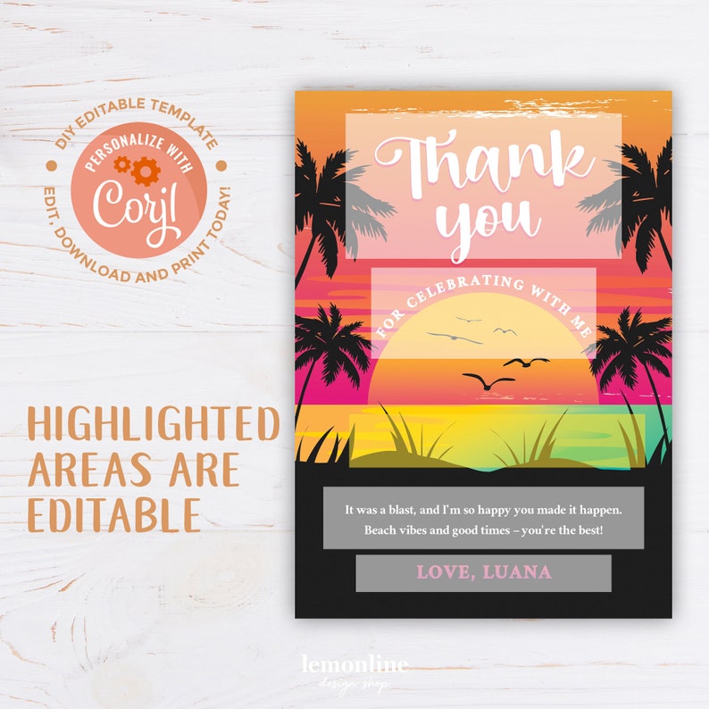 EDITABLE Beach Thank You Card, Palm Tree Thank You, Tropical Thank You ...