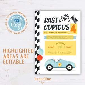 Fast and Curious Invite, 4th Birthday Invite, Race Car Invitation, Race ...