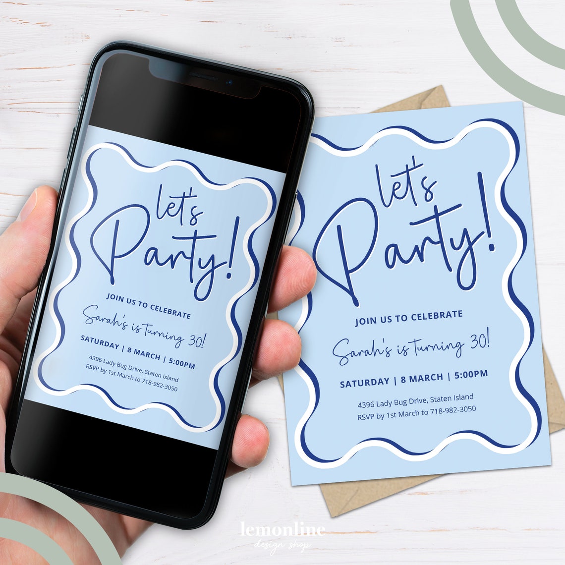 Editable Blue Wavy Invitation, Wavy Border Invitation, Blue Wavy Invite ...