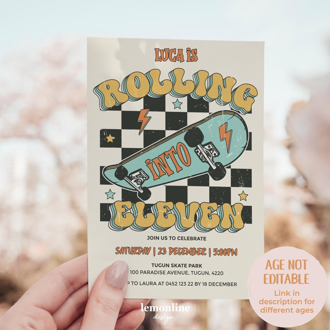 Rolling Into Eleven Invitation, Skater Party Theme, Skater Party Invite ...