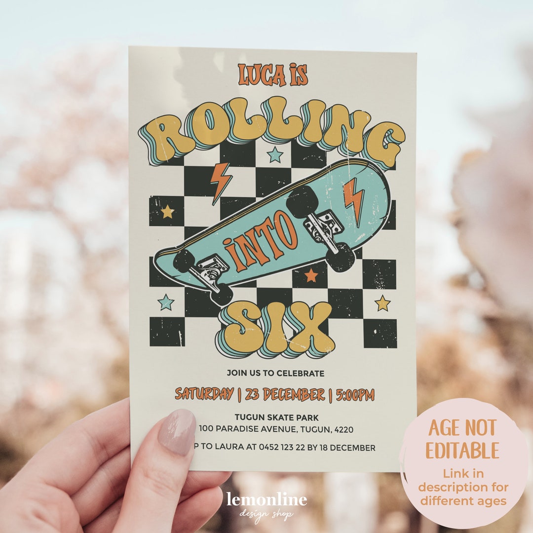 Rolling Into Six Invitation, Skater Party Theme, Skater Party Invite ...