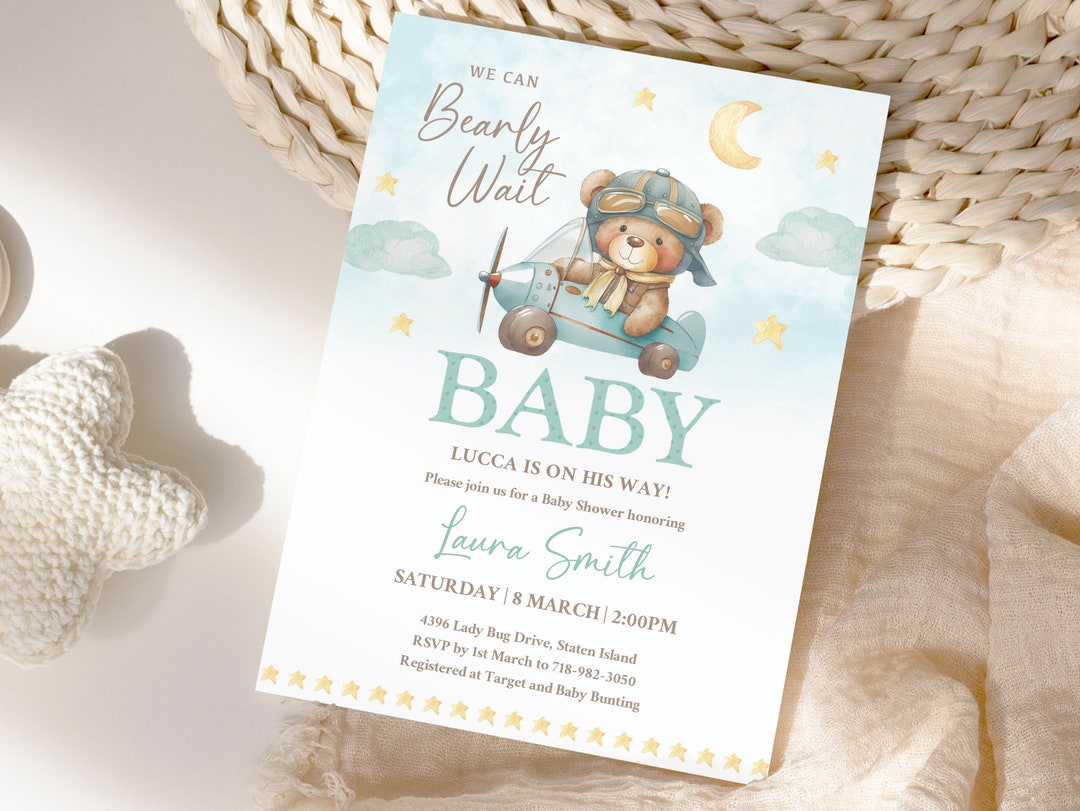 EDITABLE Bearly Wait Invitation, Teddy Bear Baby Shower Invitation ...