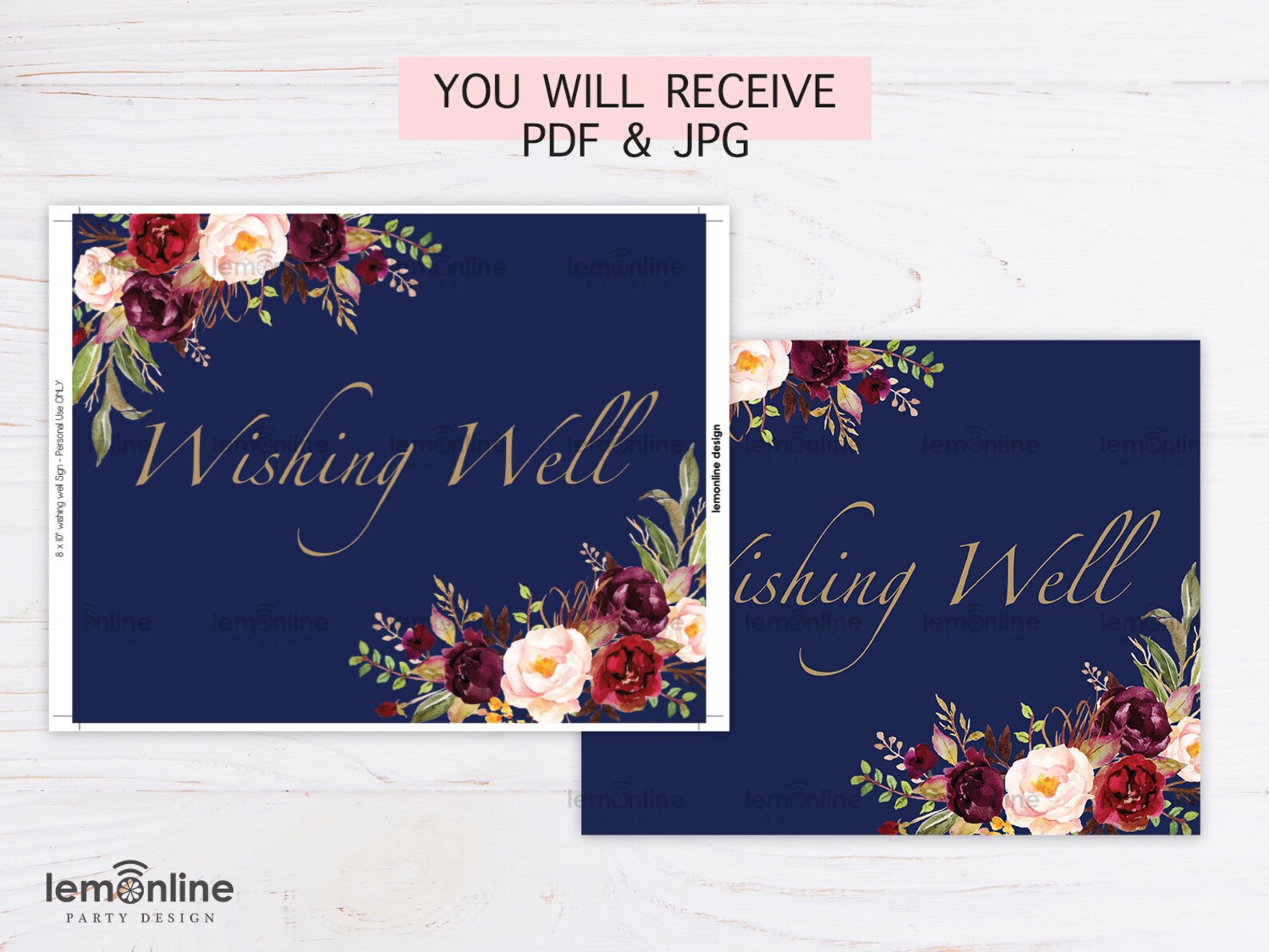 Wishing Well Sign, Printable Wedding Wishing Well, Navy Blue Wedding ...