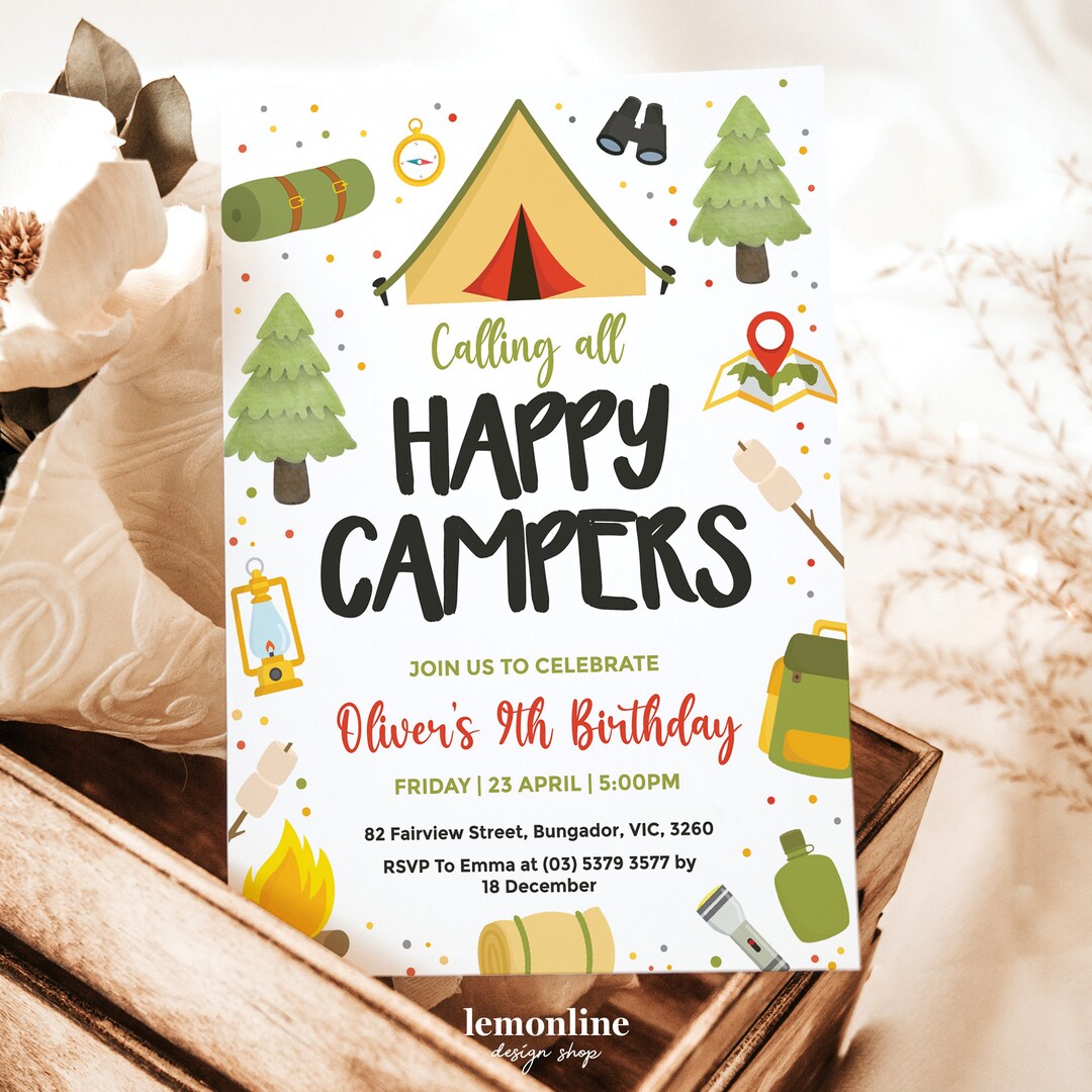 Calling All Happy Campers Invitation, Happy Camper Invite, Camp Theme ...