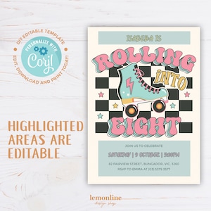 Rolling Into Eight Invitation, Let's Roll Invite, 8th Invite for Girl ...