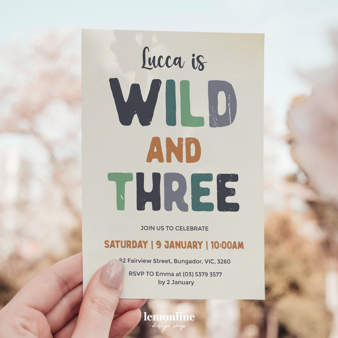 Young Wild and Three Invite, Boy 3rd Birthday Party Invitation, 3rd ...