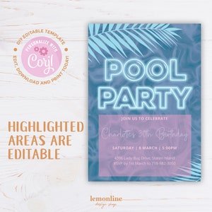 Neon Pool Party Invite, Invitations for Her, Pool Party Evite, Pool ...