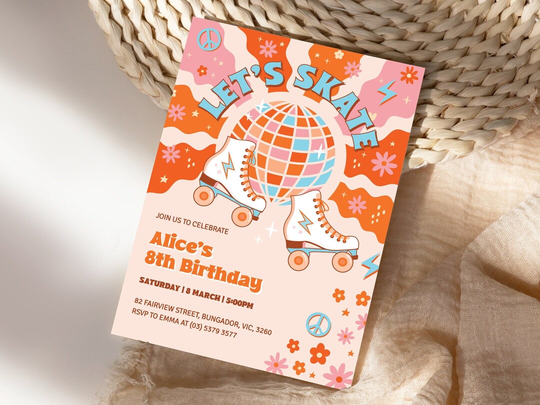 Editable Groovy Disco Roller Skate Birthday Party Invitation, Let's ...
