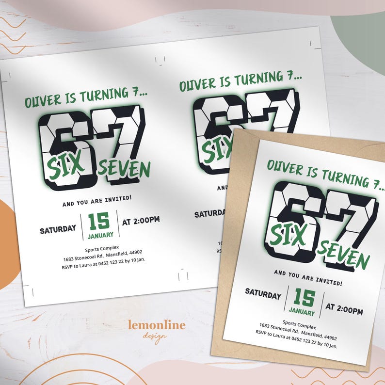 Six Seven Birthday Party Invitation, Soccer Sports Party Theme ...