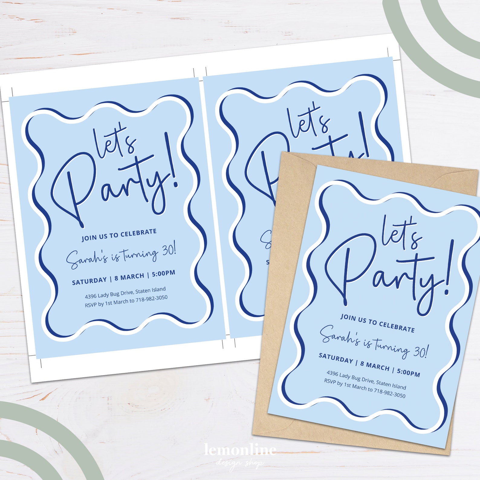 Editable Blue Wavy Invitation, Wavy Border Invitation, Blue Wavy Invite ...