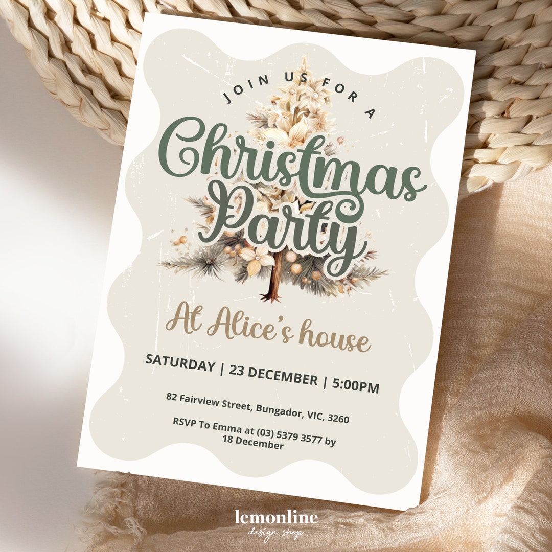 Editable Boho Theme Christmas Invitation, Wavy Invitation, Neutral Boho ...