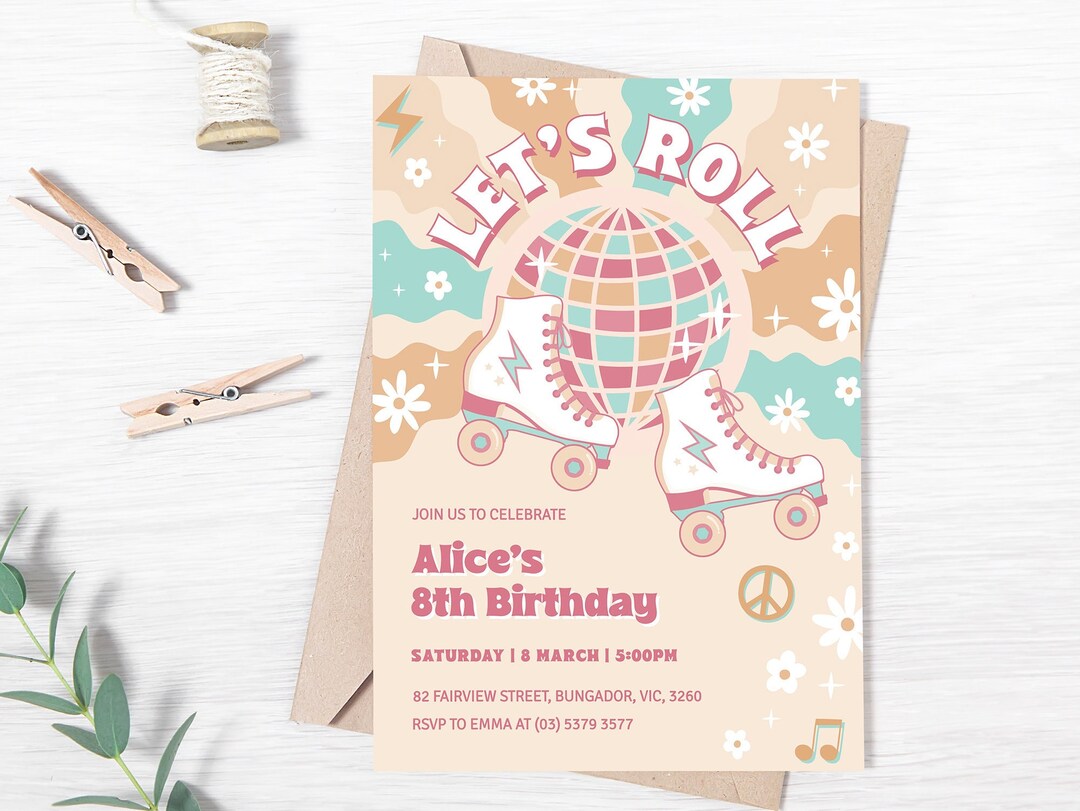 Editable Groovy Disco Roller Skate Birthday Party Invitation, Let's ...