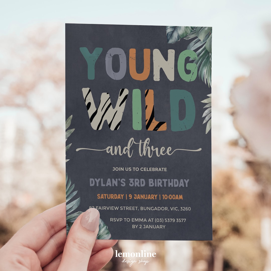 Young Wild and Three Invite, Boy 3rd Birthday Party Invitation, 3rd ...