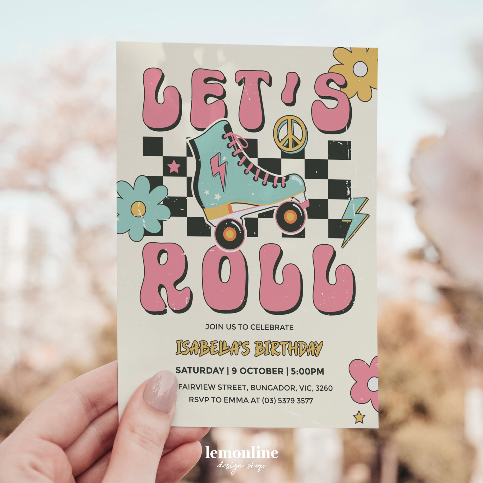 Let's Roll Invite, Roller Skates Birthday Invitation, Roller Girl ...