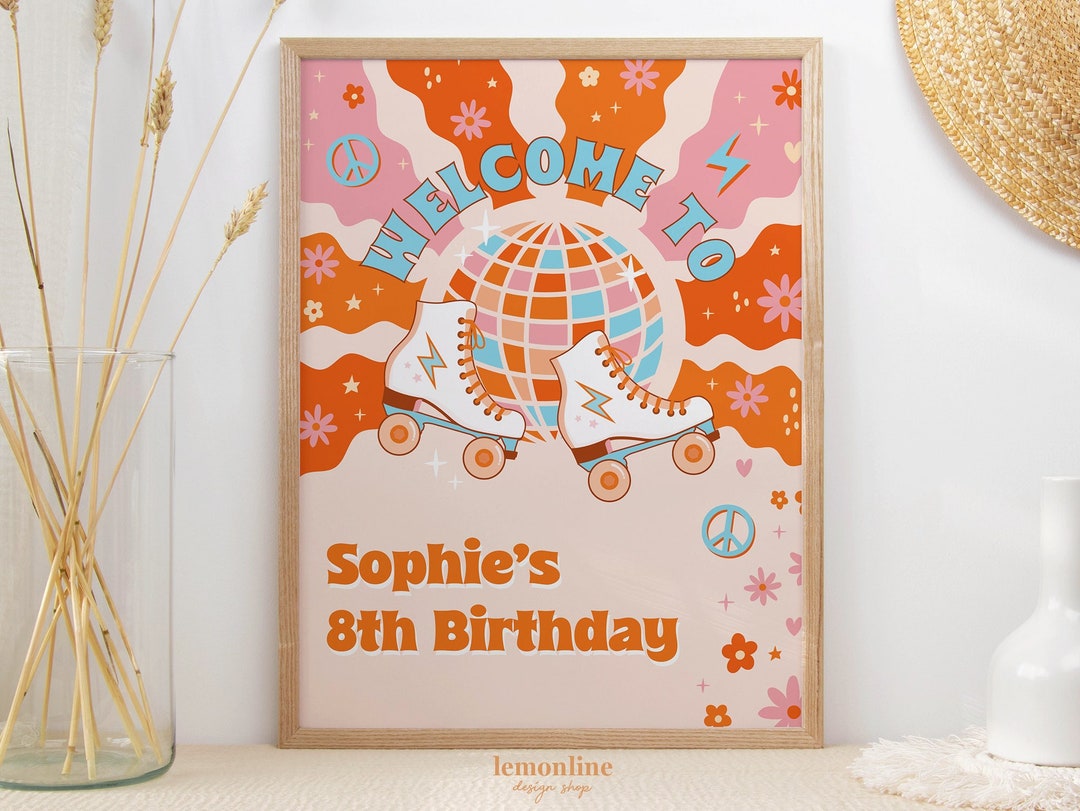 Editable Groovy Welcome Sign, Disco Roller Skate Birthday Party, Let's ...