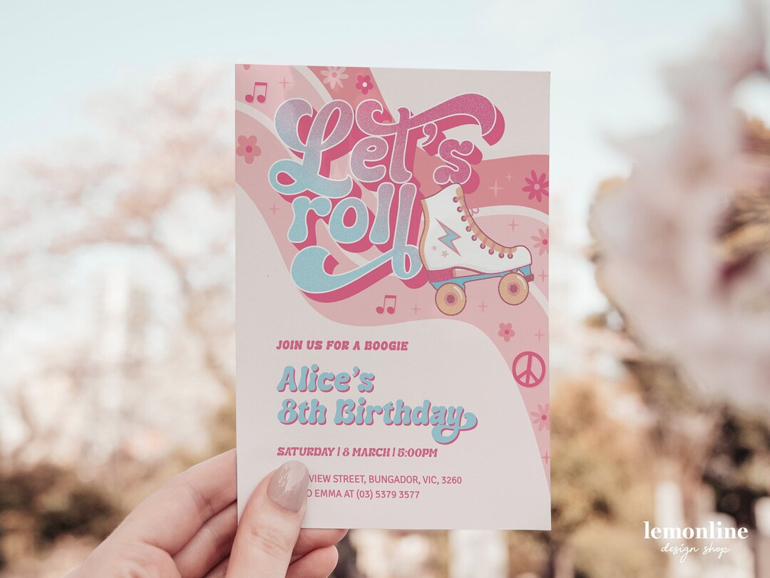 Let's Roll! Girls' Skate Party Invitation, Editable Retro Skate Invite, Skating Invite, Let's ...