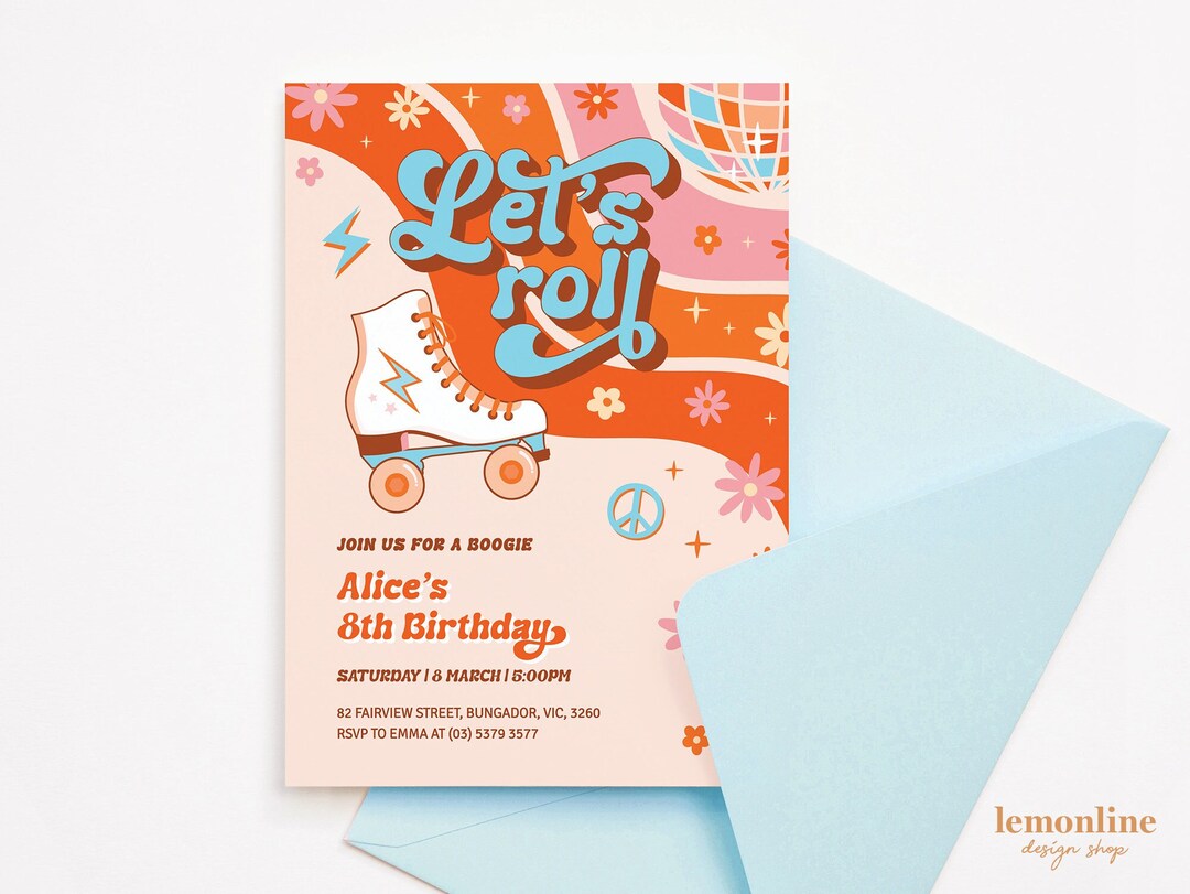 Editable Groovy Disco Roller Skate Birthday Party Invitation, Let's ...
