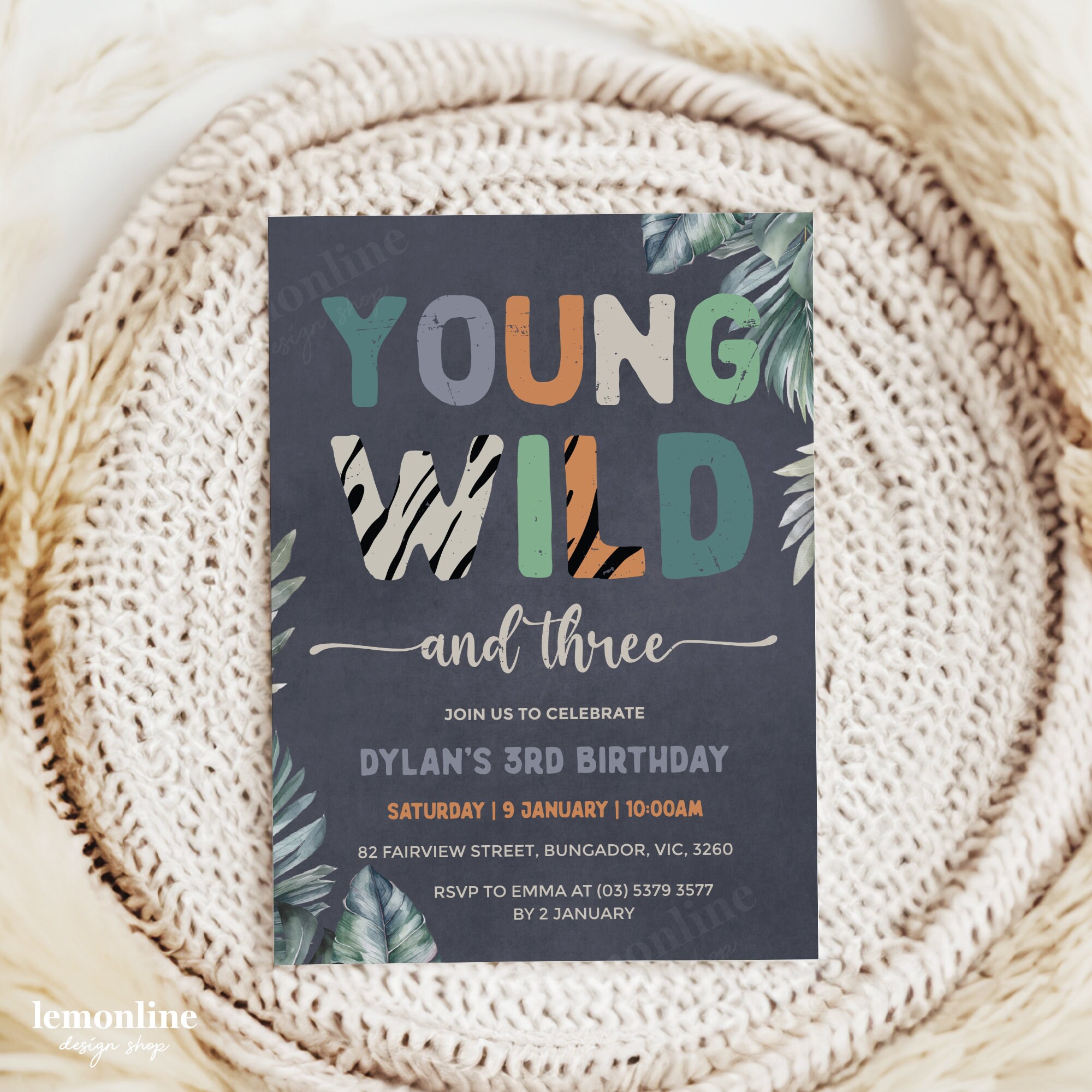 Young Wild and Three Invite, Boy 3rd Birthday Party Invitation, 3rd ...