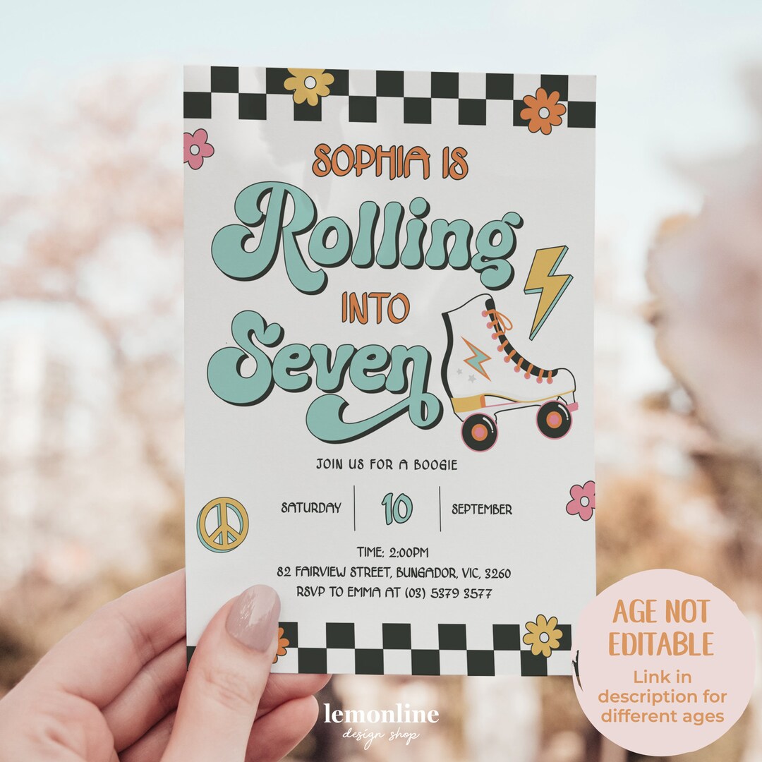 Rolling Into 7 Invite, Skate Party Invitation, 7th Birthday Invite ...