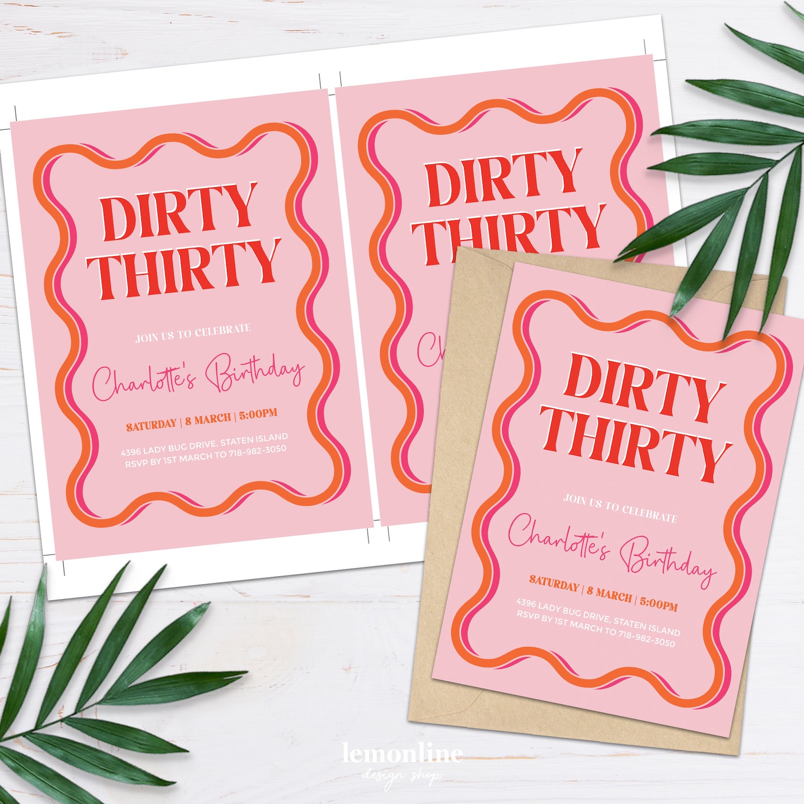 Editable Wavy Invitation, Red Pink Orange, Wavy Border Invitation, Hot ...