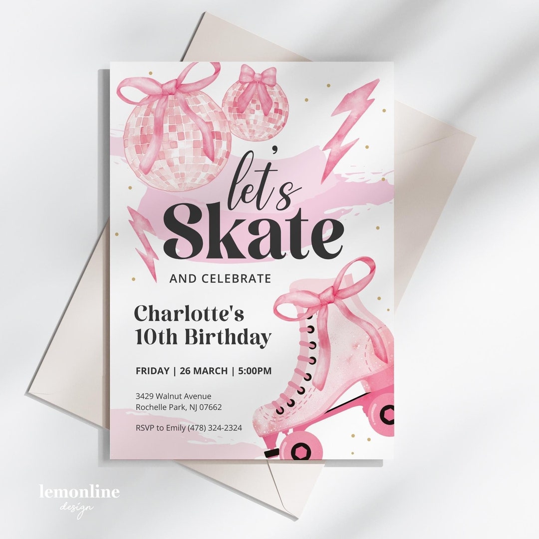 Roller Skate Birthday Invitation, Roller Skating Invitation, Pink Bows ...