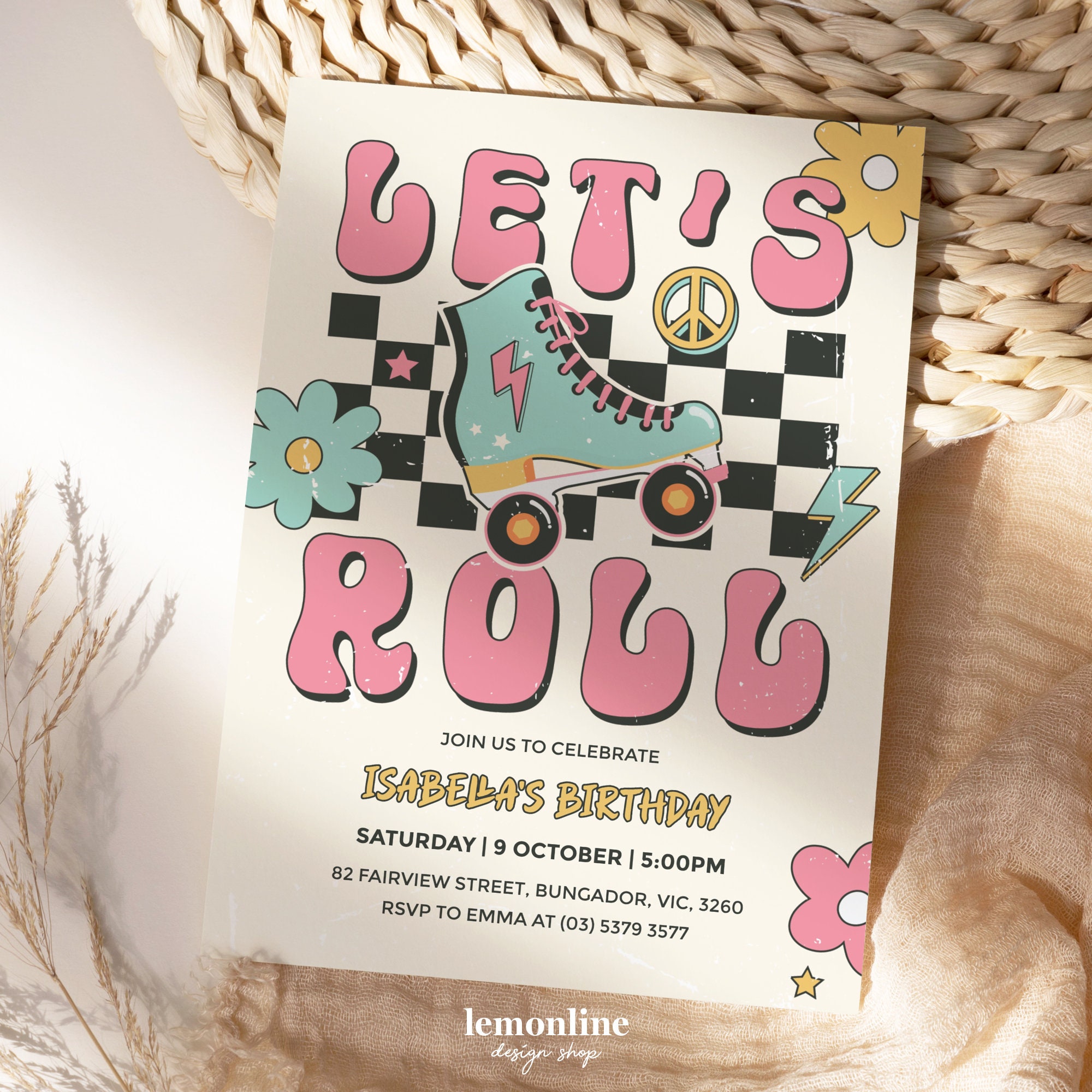 Let's Roll Invite, Roller Skates Birthday Invitation, Roller Girl ...