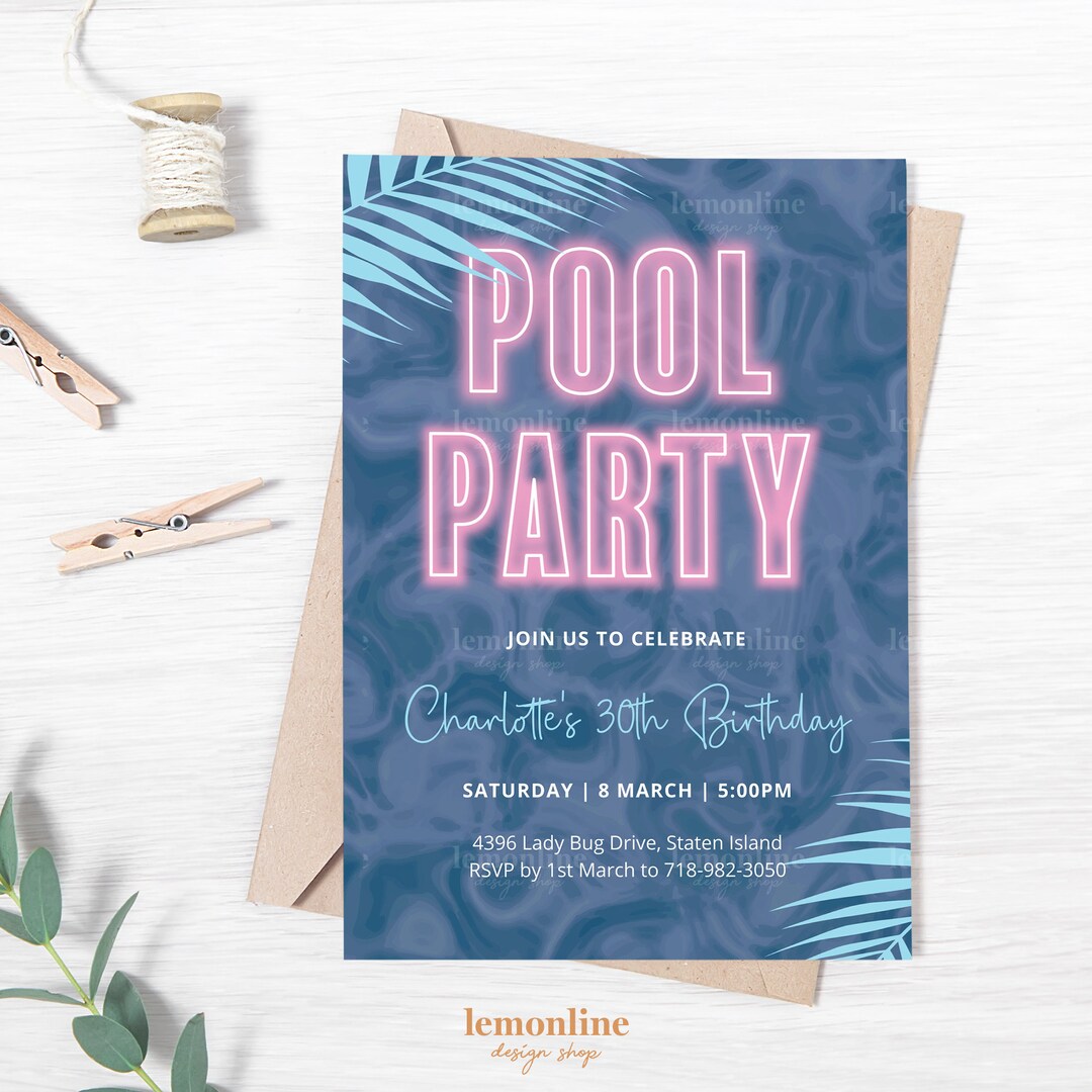 Neon Pool Party Invite, Night Pool Party Invitations for Her, Pool ...