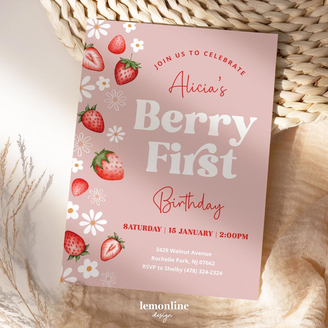 Berry First Birthday Invitation, Berry 1st Birthday, Strawberry ...