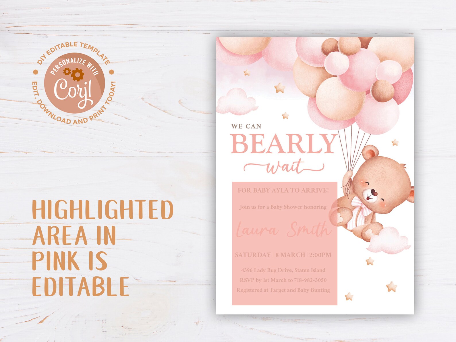 EDITABLE Bearly Wait Invitation, Teddy Bear Baby Shower Invitation ...